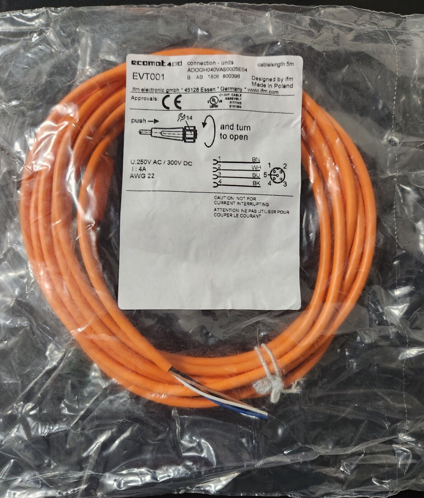 Ifm Efector EVT001 Ecomot 400 Cordset Cable 5m 250v-ac